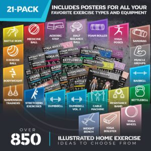 [21-PACK] Laminated Large Workout Poster Set - Perfect Workout Posters for Home Gym - Exercise Charts Incl. Dumbbell, Yoga Poses, Resistance Band, Kettlebell, Stretching & More Fitness Gym Posters