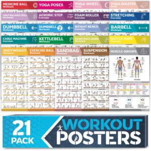 [21-pack] laminated large workout poster set - perfect workout posters for home gym - exercise charts incl. dumbbell, yoga poses, resistance band, kettlebell, stretching & more fitness gym posters