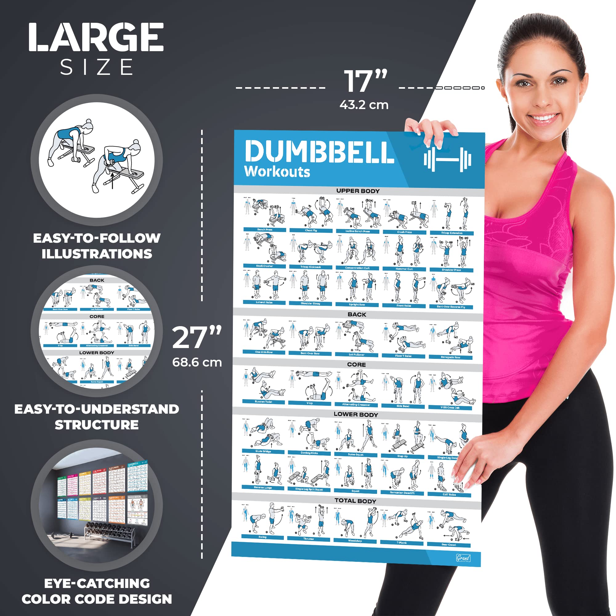 [21-PACK] Laminated Large Workout Poster Set - Perfect Workout Posters for Home Gym - Exercise Charts Incl. Dumbbell, Yoga Poses, Resistance Band, Kettlebell, Stretching & More Fitness Gym Posters