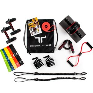 IMMORTAL FITNESS Portable Home Workout Resistance Set - Physical Therapy at Home - Resistance Bands, Jump Rope, Ab Wheel, Push-up Bars, and More! Great for Training at Home or on The Go