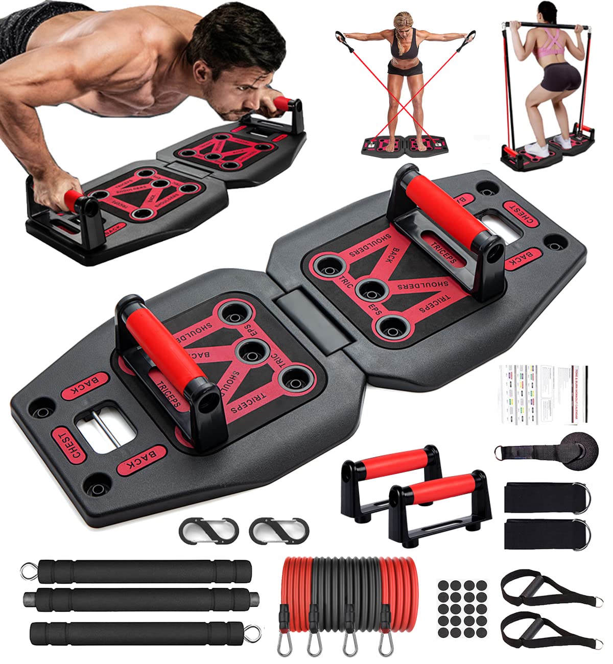 LAKXSF Home Gym Exercise Equipment - Portable Workout System 17 Fitness Accessories 9 in1 Push Up Board Set, Resistance Bands with Pilates Bar Strength Training Abs Shoulders Back Butt (A-RED)