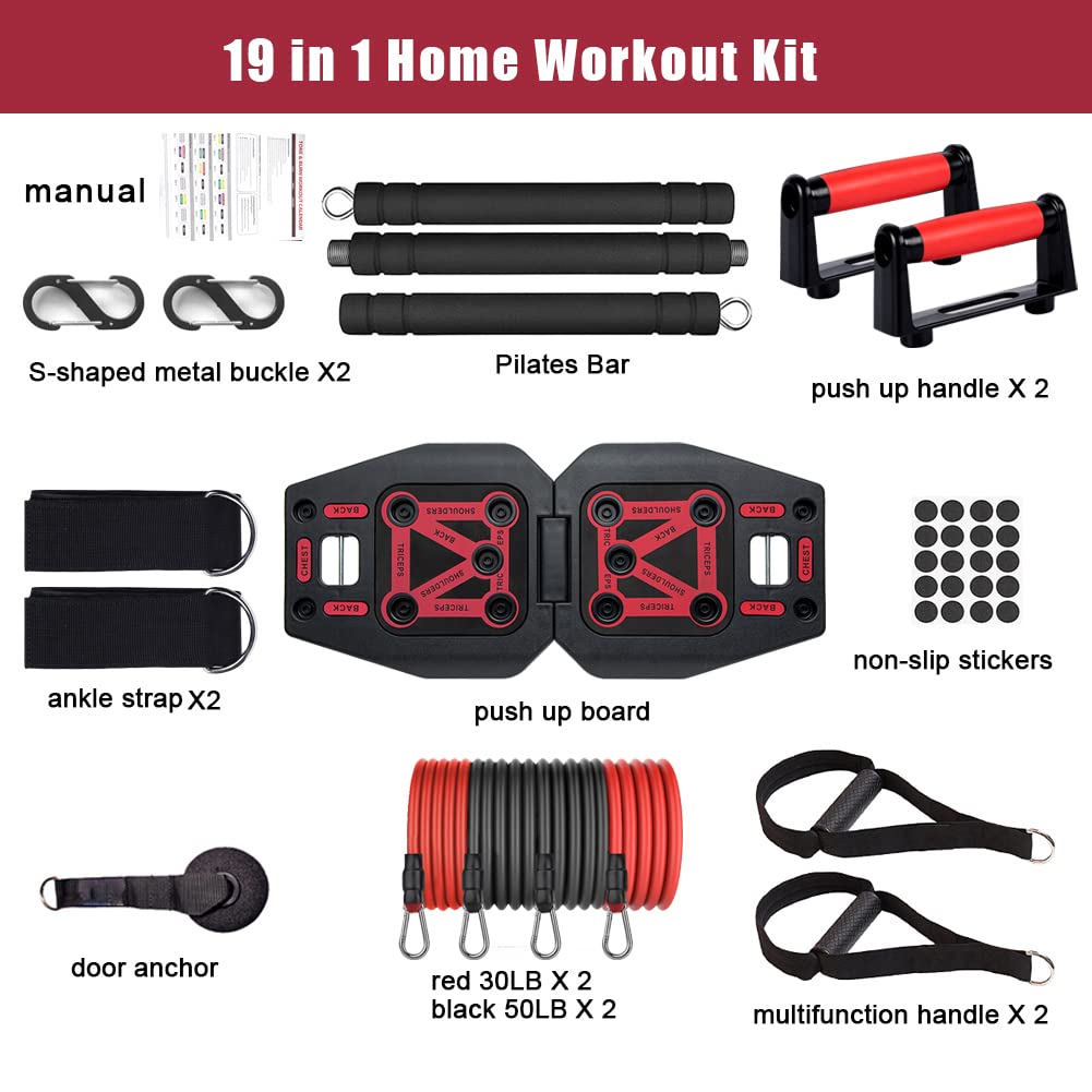 LAKXSF Home Gym Exercise Equipment - Portable Workout System 17 Fitness Accessories 9 in1 Push Up Board Set, Resistance Bands with Pilates Bar Strength Training Abs Shoulders Back Butt (A-RED)