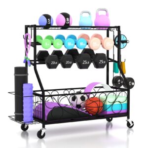 weight rack for dumbbells, yoga mat storage rack, home gym storage for dumbbells kettlebells foam roller and resistance bands,workout storage organizer,all in one home gym with hooks and wheels