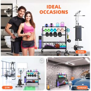 Weight Rack for Dumbbells, Yoga Mat Storage Rack, Home Gym Storage for Dumbbells Kettlebells Foam Roller and Resistance Bands,Workout Storage Organizer,All in One Home Gym with Hooks and Wheels