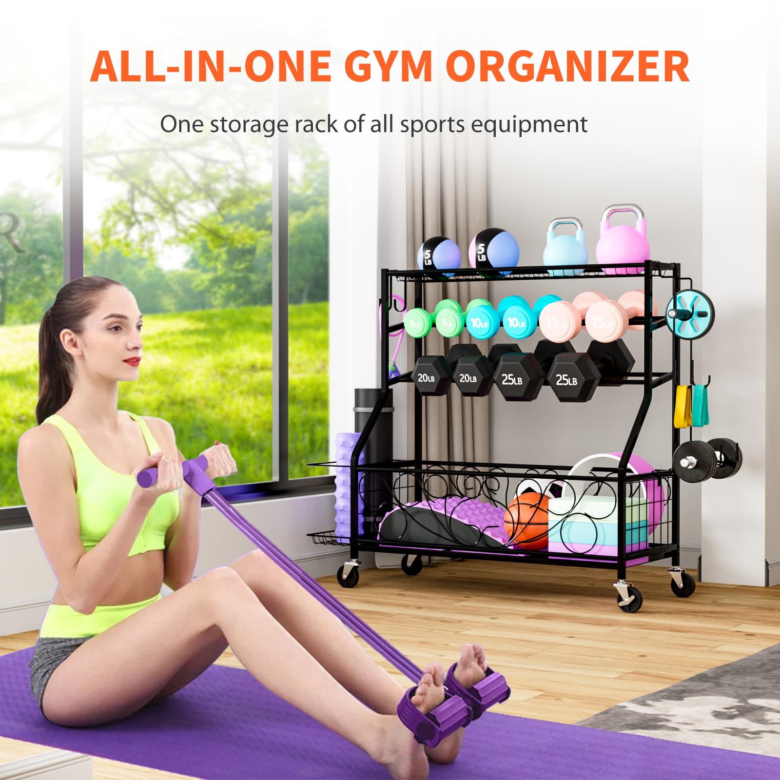 Weight Rack for Dumbbells, Yoga Mat Storage Rack, Home Gym Storage for Dumbbells Kettlebells Foam Roller and Resistance Bands,Workout Storage Organizer,All in One Home Gym with Hooks and Wheels