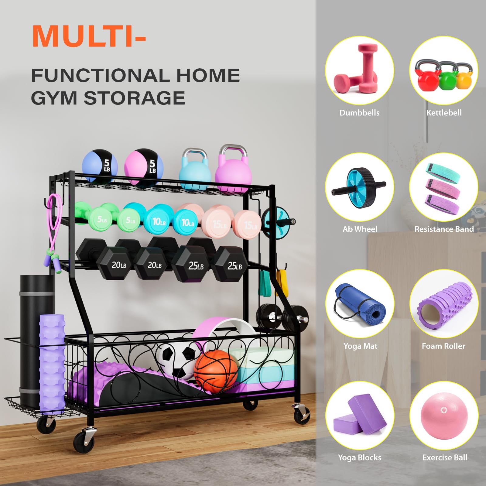 Weight Rack for Dumbbells, Yoga Mat Storage Rack, Home Gym Storage for Dumbbells Kettlebells Foam Roller and Resistance Bands,Workout Storage Organizer,All in One Home Gym with Hooks and Wheels