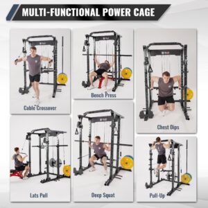 MAJOR LUTIE Fitness Power Cage, PLM03 All-In-One 1400 lbs Multi-Function Power Rack with Adjustable Cable Crossover System and More Exercise Machine Attachments(Black)