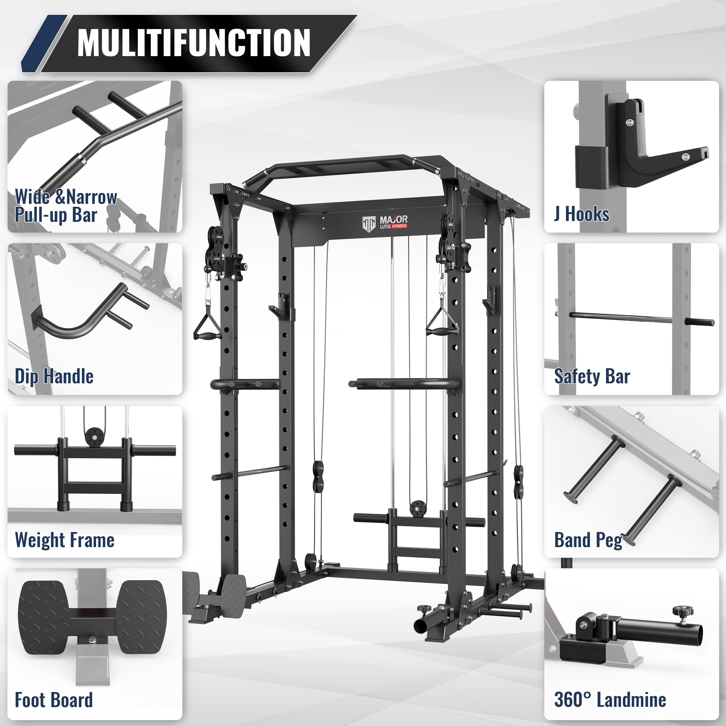 MAJOR LUTIE Fitness Power Cage, PLM03 All-In-One 1400 lbs Multi-Function Power Rack with Adjustable Cable Crossover System and More Exercise Machine Attachments(Black)