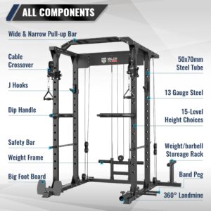 MAJOR LUTIE Fitness Power Cage, PLM03 All-In-One 1400 lbs Multi-Function Power Rack with Adjustable Cable Crossover System and More Exercise Machine Attachments(Black)