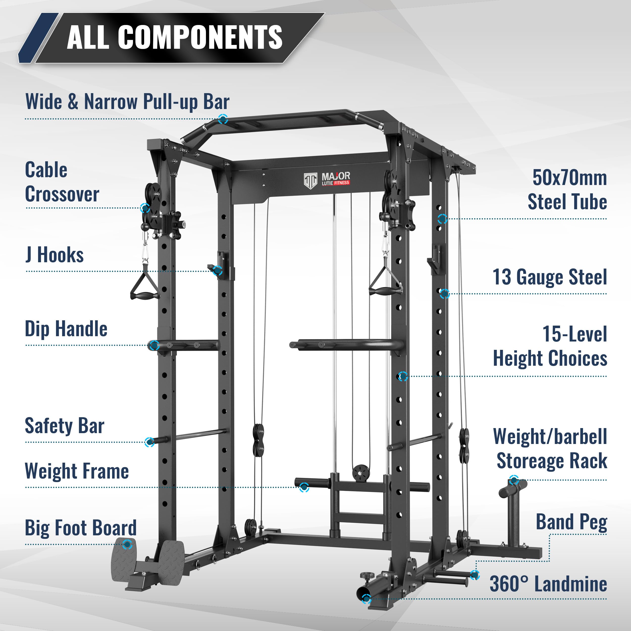 MAJOR LUTIE Fitness Power Cage, PLM03 All-In-One 1400 lbs Multi-Function Power Rack with Adjustable Cable Crossover System and More Exercise Machine Attachments(Black)