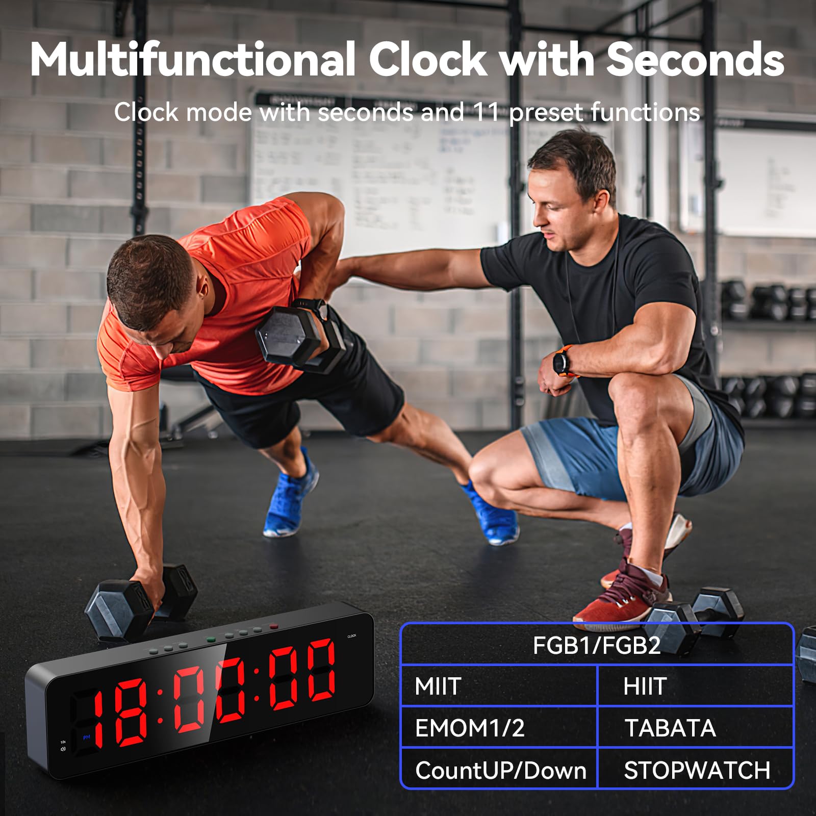 Seesii Gym Timer with Remote, 11''x 3.5''Ultra-Clear Interval Timer with LED, Countdown/Up Wall Clock with Buzzer, Connectable Bank Power Fitness Timer Stopwatch for Gym Home Garage (2.2 Battery)