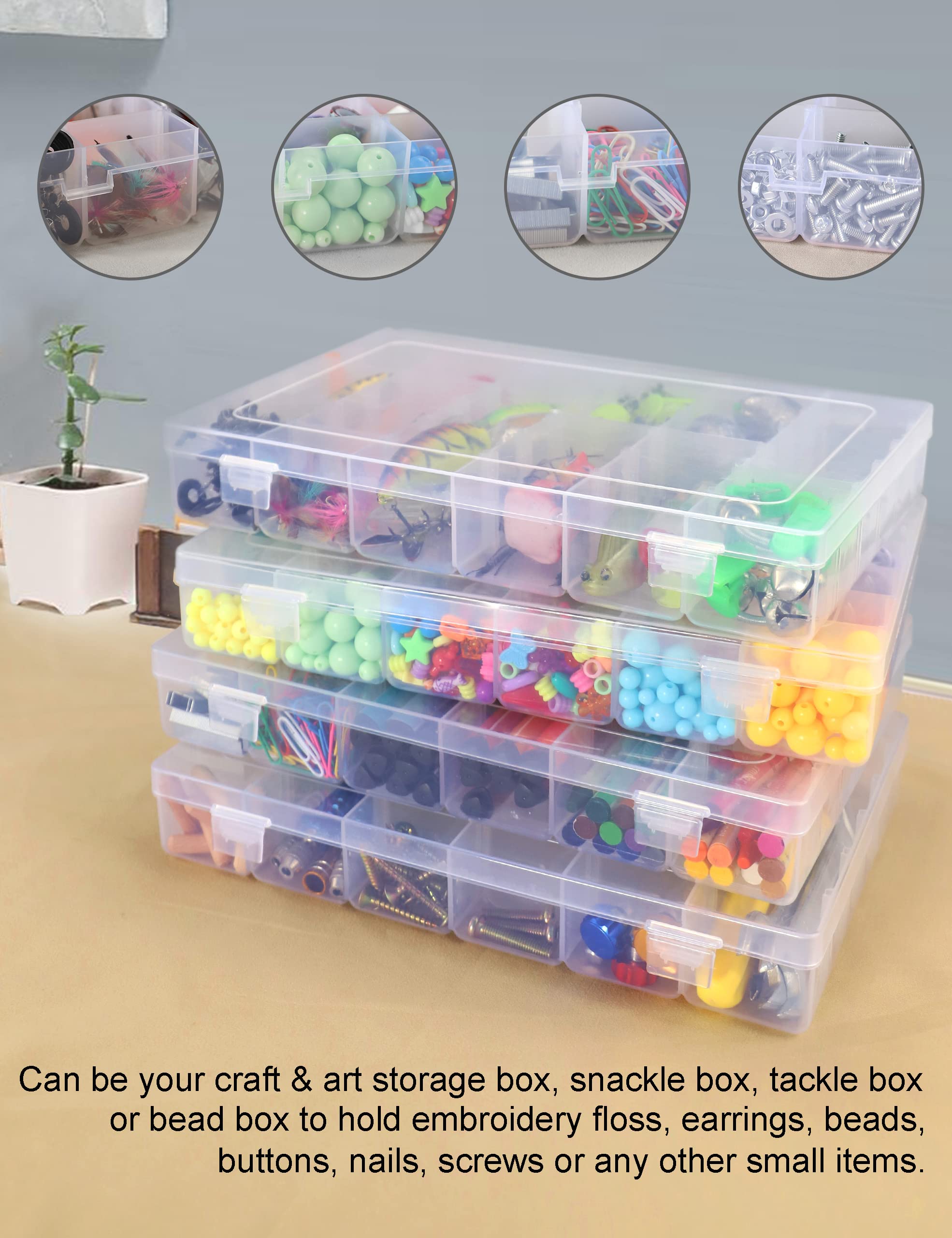 Hlotmeky Bead Organizer 36 Grids 4 Pack Clear Plastic Parts Organizer Box 3600 Tackle Box Craft Storage Compartment Divided Container