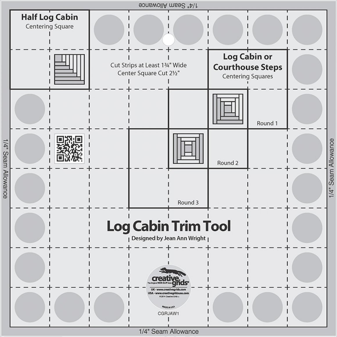 Bundle of Creative Grids Log Cabin Trim Tool for 8" Finished Blocks Quilt Ruler (CGRJAW1) and Country Retreat Log Cabin Pattern by Cut Loose Press