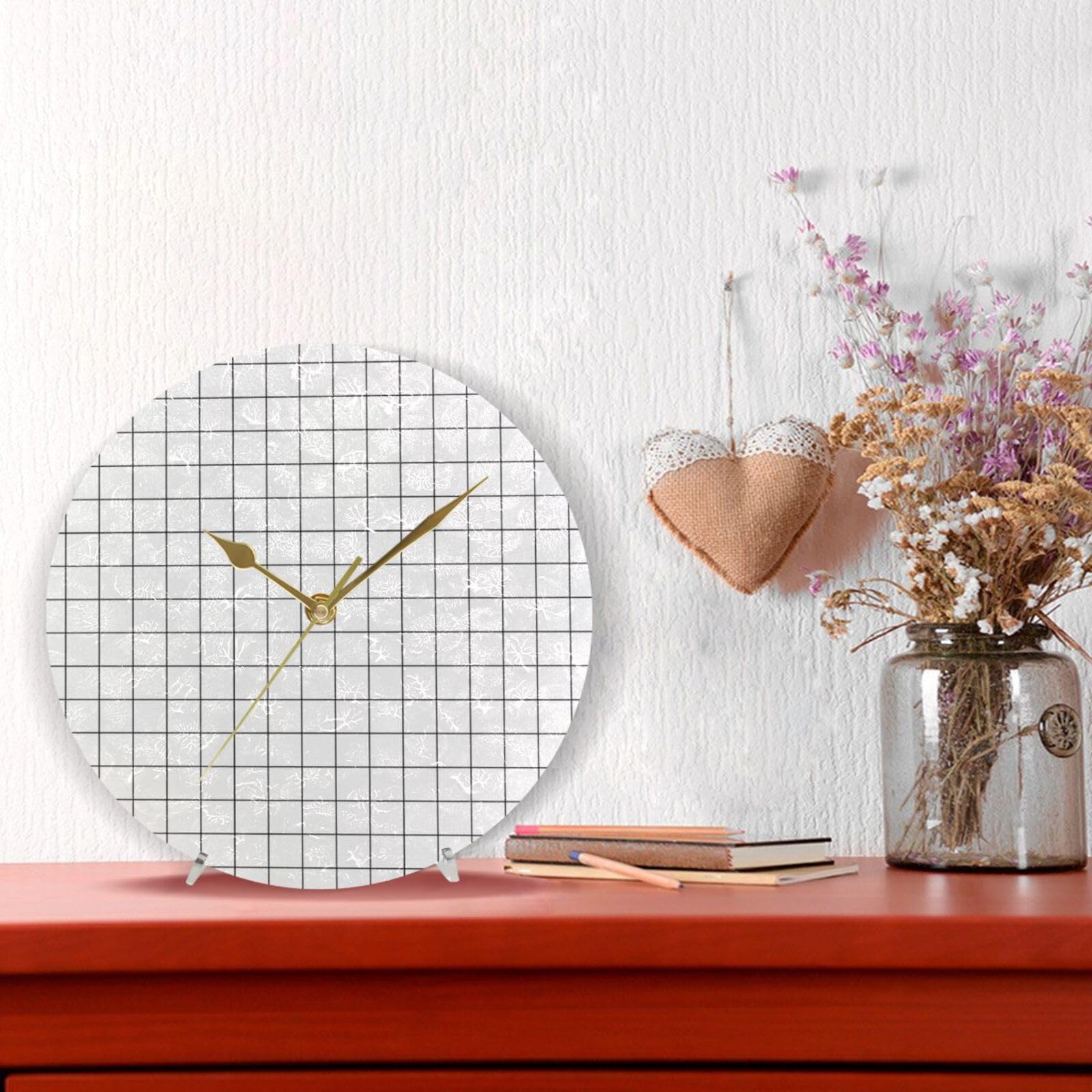 Haskirky Round Digital Clock White Grid Creative Decorative Quiet Not Ticking Clock,Bedroom Living Room Bathroom Kitchen Office Wall Ornament (Gold 10x10In)