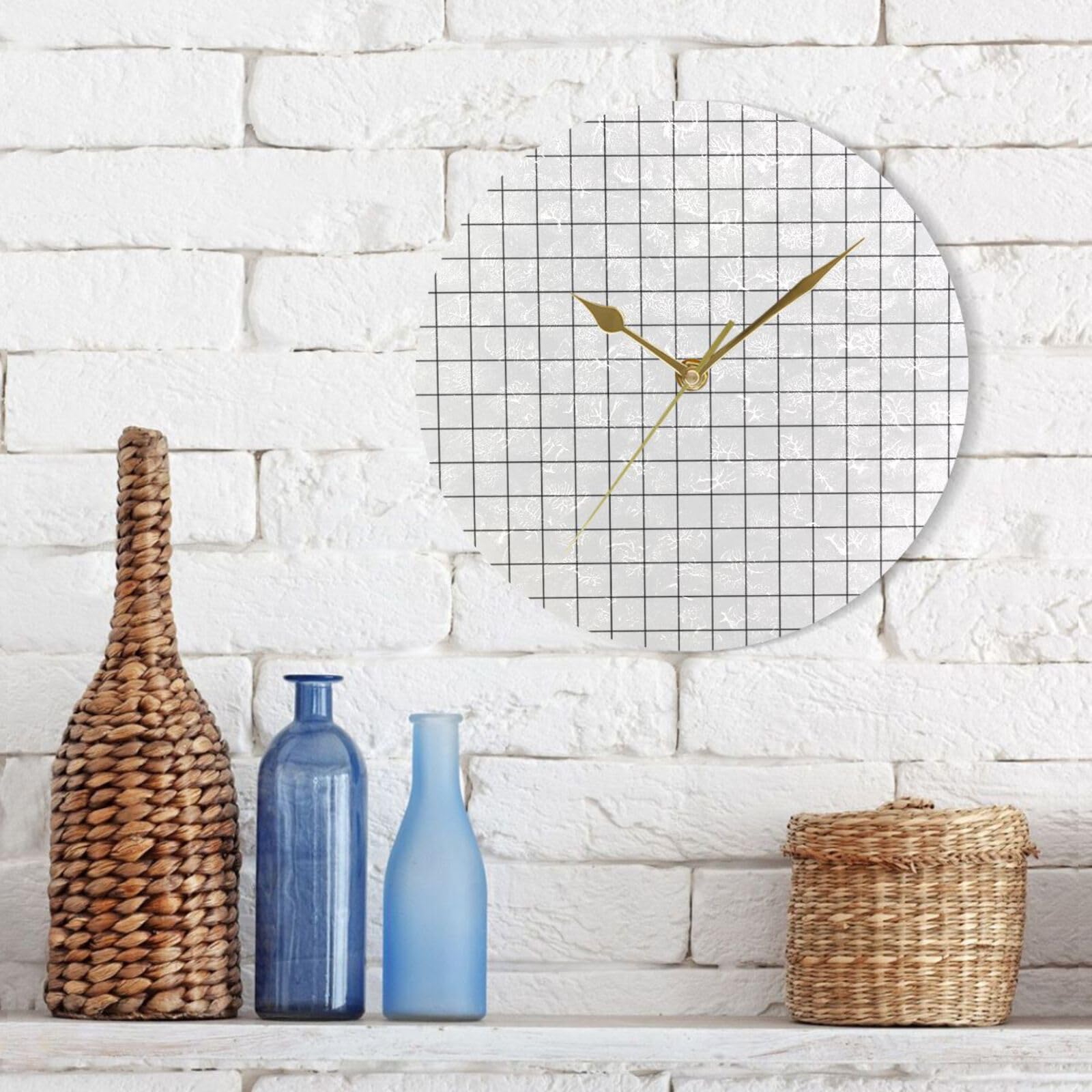 Haskirky Round Digital Clock White Grid Creative Decorative Quiet Not Ticking Clock,Bedroom Living Room Bathroom Kitchen Office Wall Ornament (Gold 10x10In)