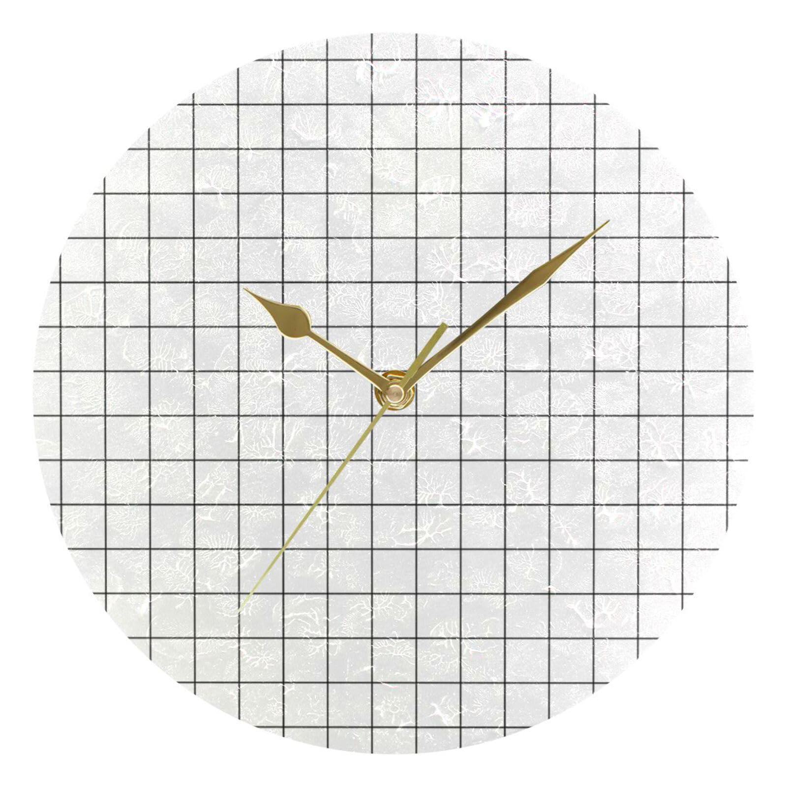 Haskirky Round Digital Clock White Grid Creative Decorative Quiet Not Ticking Clock,Bedroom Living Room Bathroom Kitchen Office Wall Ornament (Gold 10x10In)