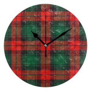 haskirky round digital clock red and green grid creative decorative quiet not ticking clock,bedroom living room bathroom kitchen office wall ornament (gold 10x10in)