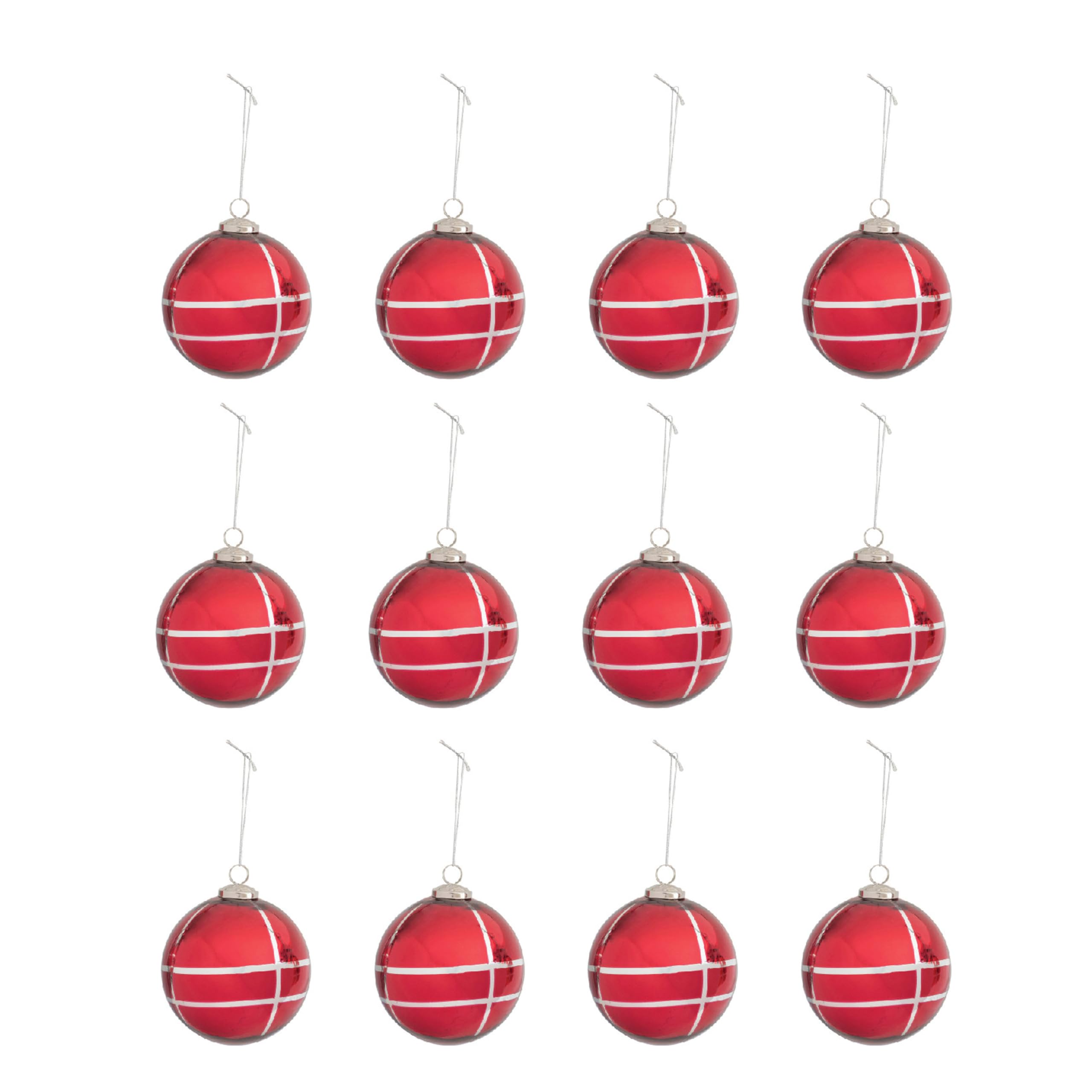 Creative Co-Op Round Mercury Glass Ball Ornament with Grid Pattern, Red and Silver Finish, Set of 12