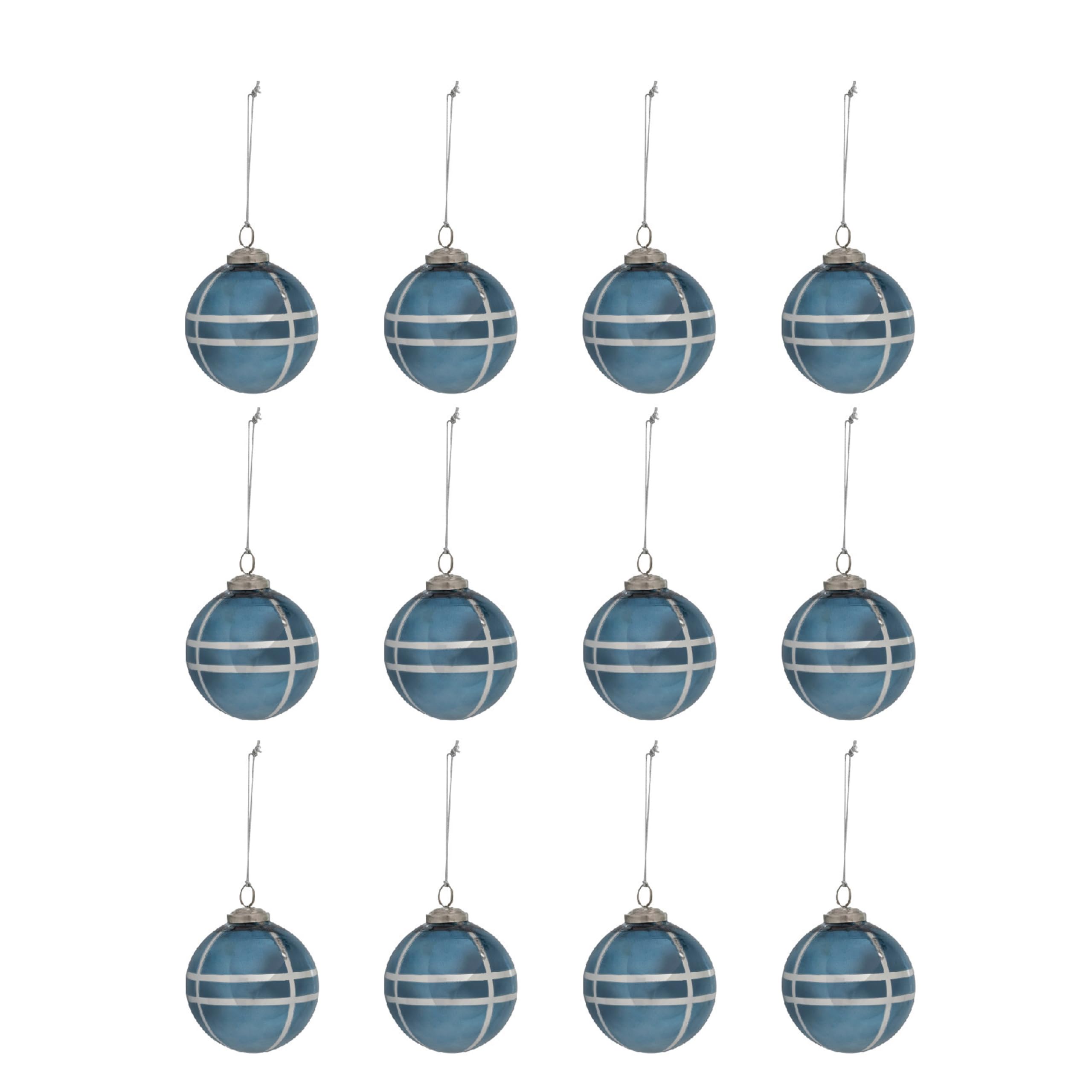 Creative Co-Op Round Mercury Glass Ball Ornament with Grid Pattern, Blue and Silver Finish, Set of 12