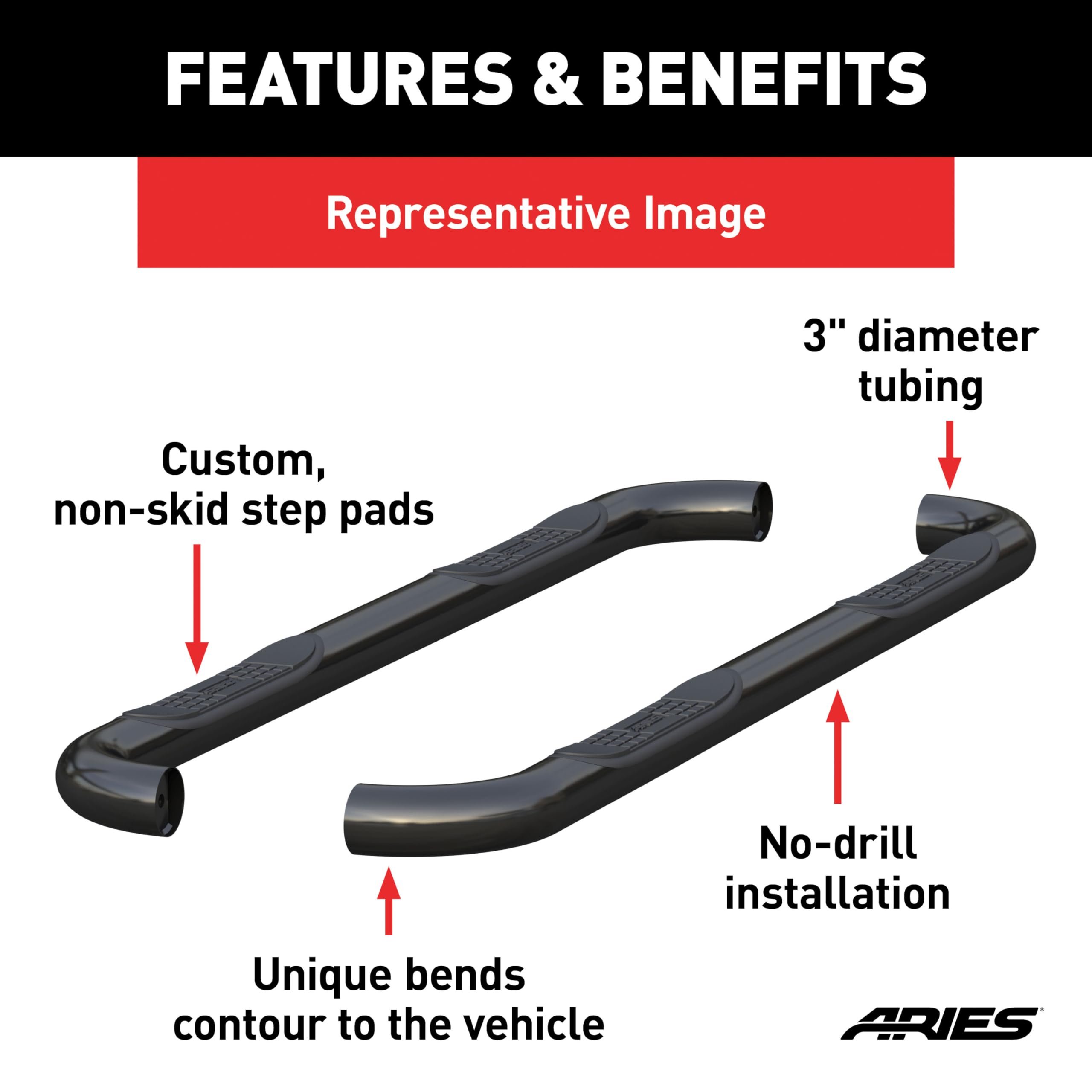 ARIES 35701 3-Inch Round Black Steel Nerf Bars, No-Drill, Select Jeep Wrangler JL Unlimited