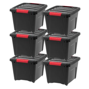 iris usa 19 qt stackable plastic storage bins with lids, 6 pack - bpa-free, made in usa - garage organizing solution, latches, durable nestable containers, secure pull handle - black