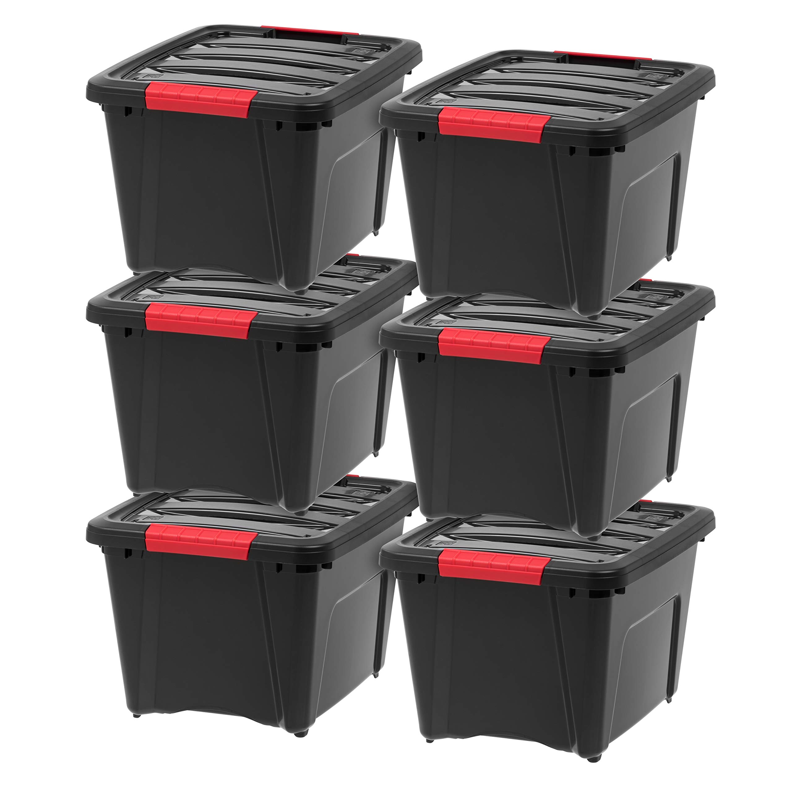 IRIS USA 19 Qt Stackable Plastic Storage Bins with Lids, 6 Pack - BPA-Free, Made in USA - Garage Organizing Solution, Latches, Durable Nestable Containers, Secure Pull Handle - Black