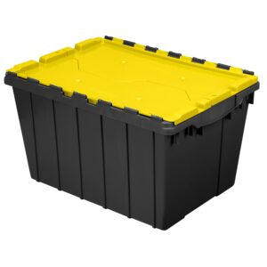 akro-mils 66486 12-gallon plastic stackable storage keepbox tote container with attached hinged lid, 21-1/2-inch x 15-inch x 12-1/2-inch, black/yellow