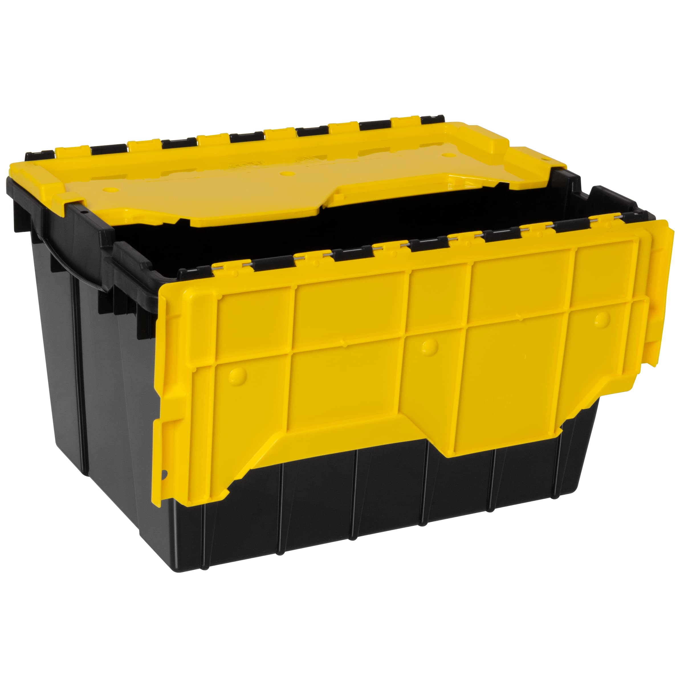 Akro-Mils 66486 12-Gallon Plastic Stackable Storage KeepBox Tote Container with Attached Hinged Lid, 21-1/2-Inch x 15-Inch x 12-1/2-Inch, Black/Yellow