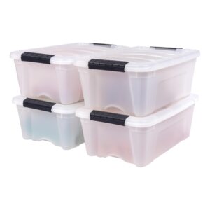 iris usa 13 qt stackable plastic storage bins with lids, 4 pack - bpa-free, made in usa - discreet organizing solution, latches, durable nestable containers, secure pull handle - pearl