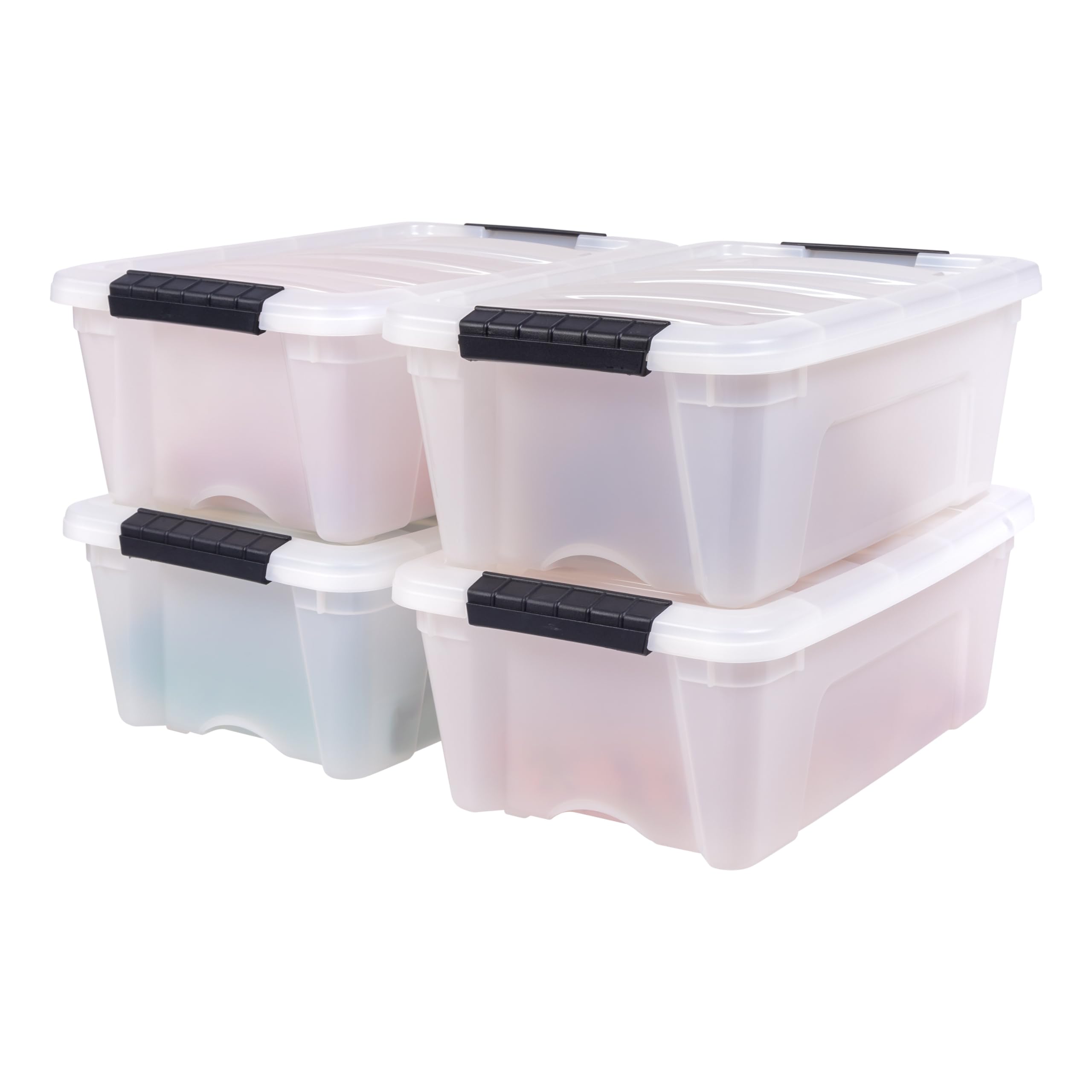 IRIS USA 13 Qt Stackable Plastic Storage Bins with Lids, 4 Pack - BPA-Free, Made in USA - Discreet Organizing Solution, Latches, Durable Nestable Containers, Secure Pull Handle - Pearl