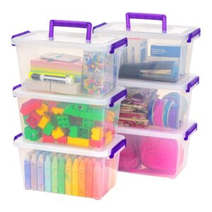 iris usa plastic storage bins with lids 5.4 qt. craft organizers and storage with handle, art supply storage organizer, arts and crafts organizer, stackable and secure latch, clear/violet - 6 pack