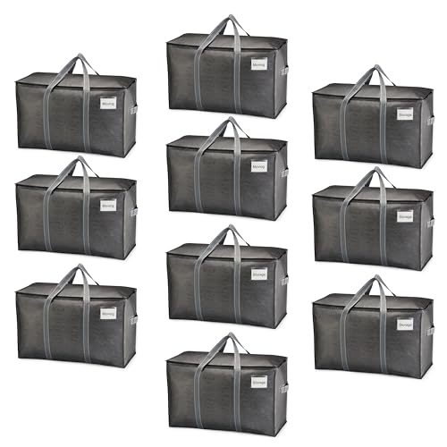 VENO 10 Pack Moving Bags, Moving Supplies, Moving Boxes, College Packing Storage Boxes with Lids Alternative, Heavy Duty Totes, Extra Large, Sturdy Handles, Zipper, for Packaging (Dark Gray, 10 Pack)