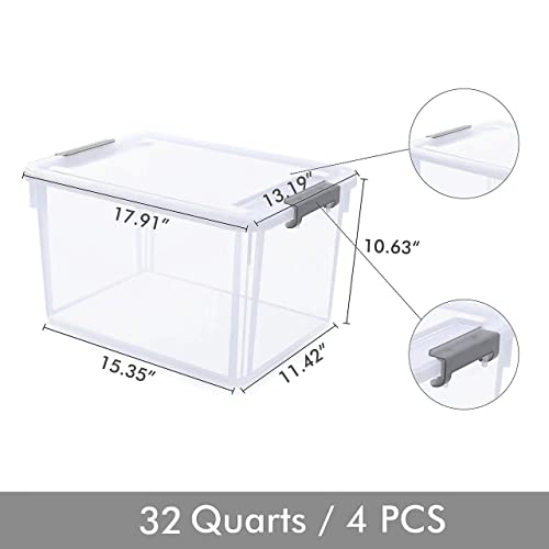 Citylife 32 QT Plastic Storage Bins with Latching Lids Stackable Storage Containers for Organizing Large Clear Storage Box for Garage, Closet, Kitchen, 4 Packs