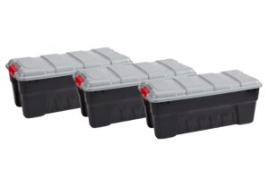 rubbermaid pack & go 16 gal storage tote, durable design and easy to transport, built-in handles, tie down channels and lockable snap tight lid, black base with gray lid and red handles, pack of 3