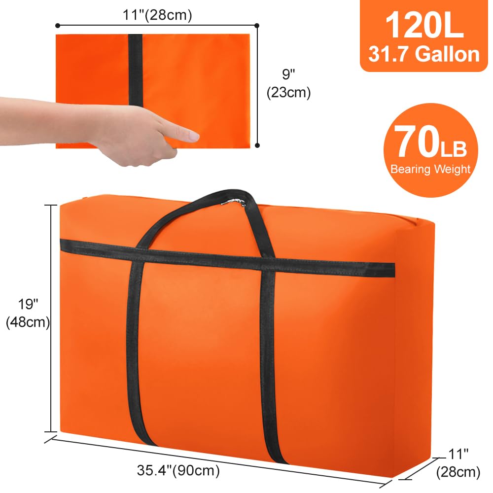 CIVJET 2 Pack Moving Bags Heavy Duty Extra Large with Strong Zippers, Storage Tote Bag for Space Saver for College Students, Moving Supplies/Boxes with Handles for Clothes, Storage Containers (Orange)