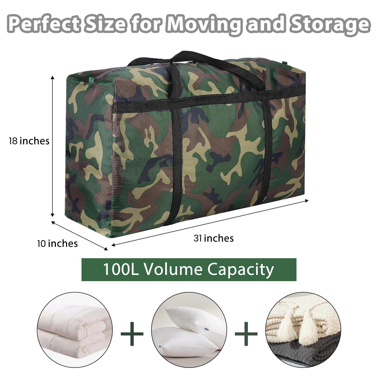 2 Packs Camouflage 100L Extra Large Moving Bags, Heavy Duty Storage Bags, 600D Oxford Cloth Wrap Around Handles Double Zipper, Waterproof Reusable Convenient (100L - 2 Packs)