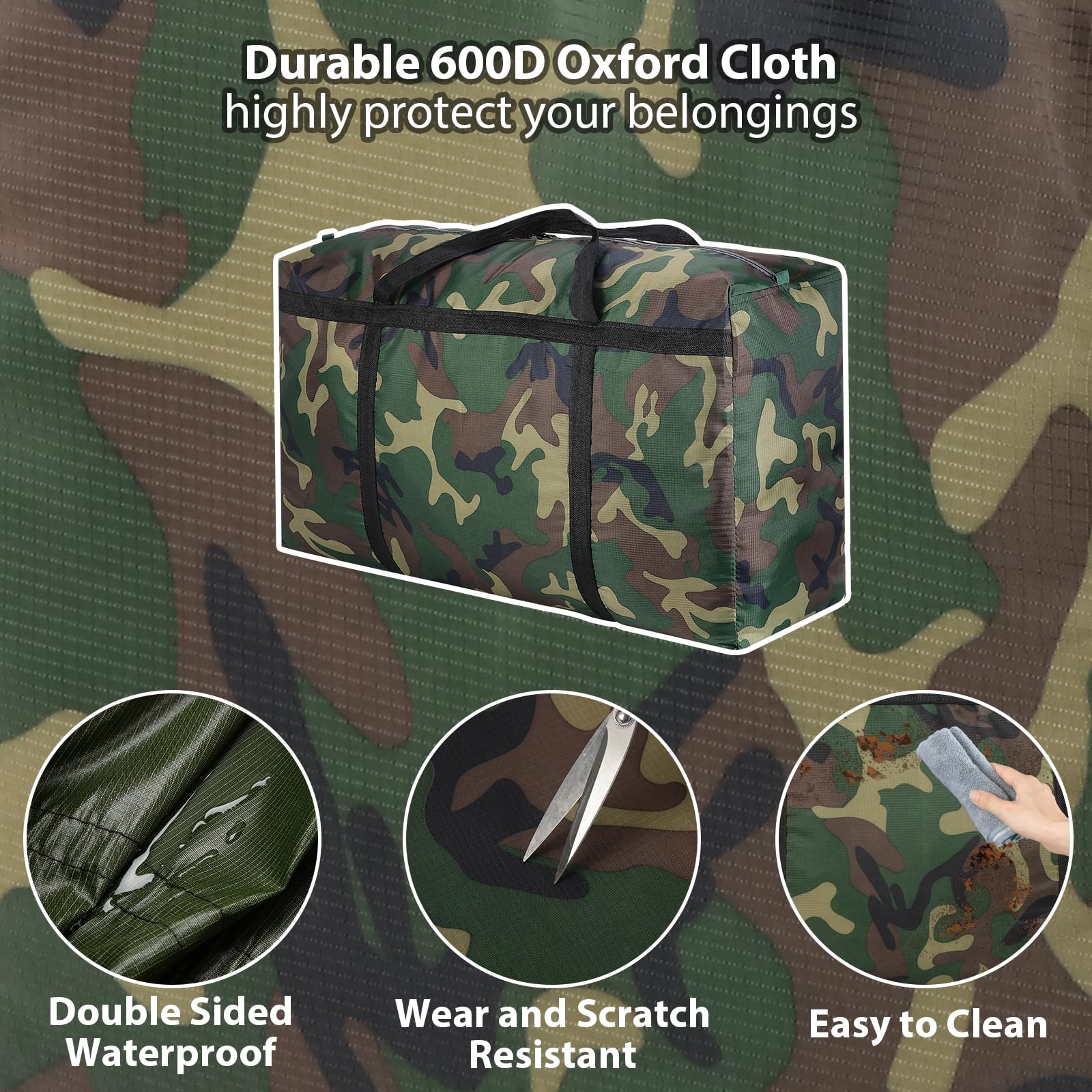 2 Packs Camouflage 100L Extra Large Moving Bags, Heavy Duty Storage Bags, 600D Oxford Cloth Wrap Around Handles Double Zipper, Waterproof Reusable Convenient (100L - 2 Packs)