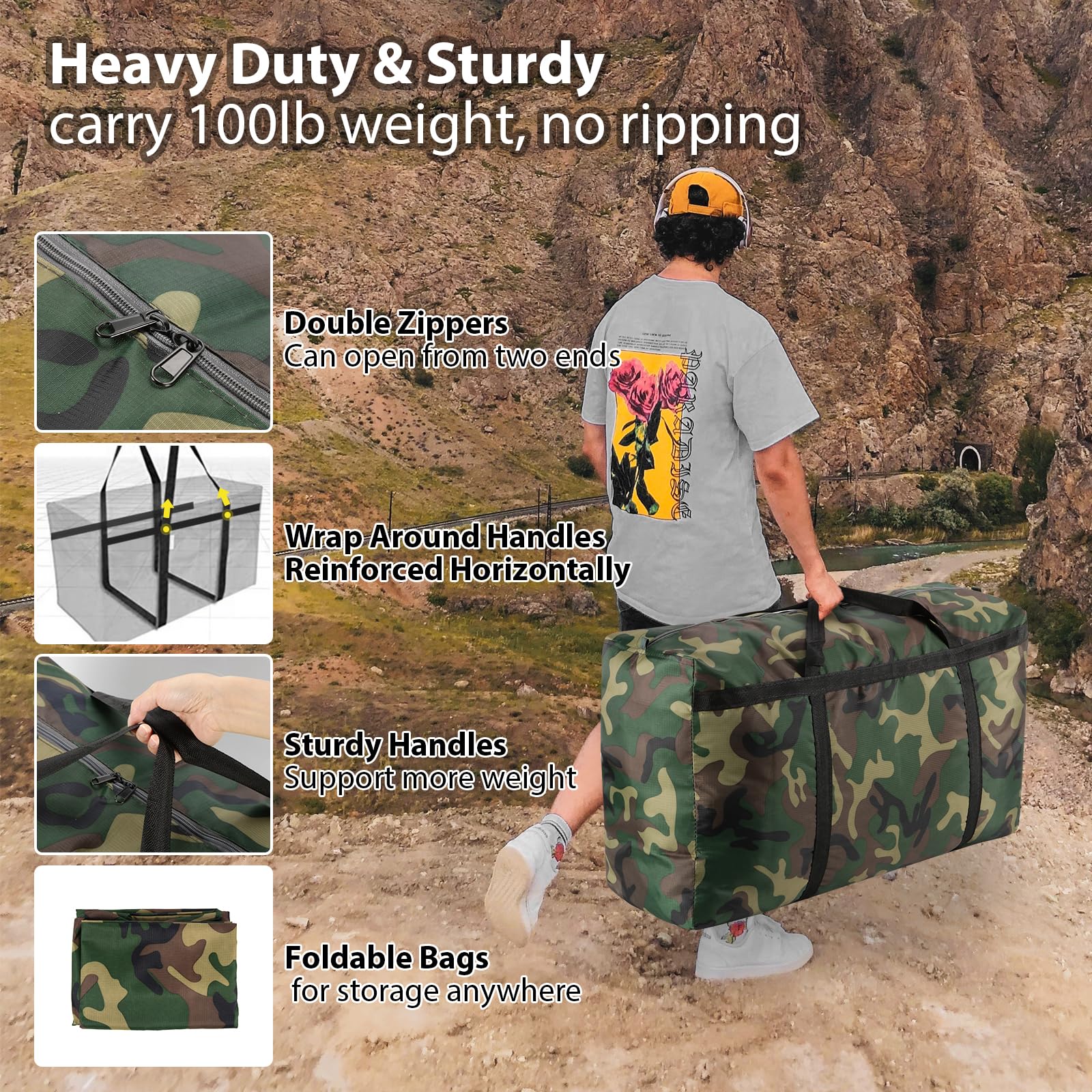 2 Packs Camouflage 100L Extra Large Moving Bags, Heavy Duty Storage Bags, 600D Oxford Cloth Wrap Around Handles Double Zipper, Waterproof Reusable Convenient (100L - 2 Packs)