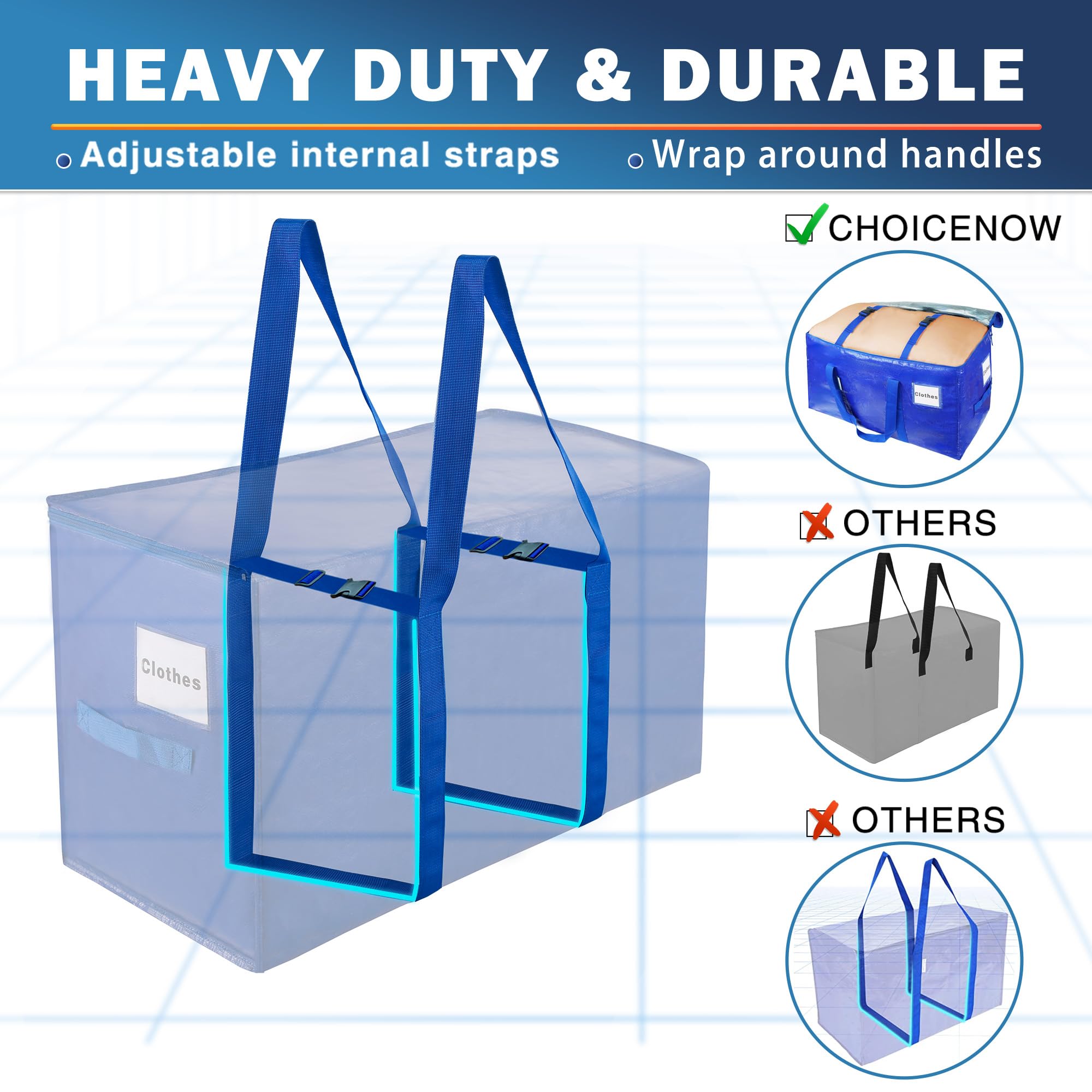 CHOICENOW Extra Large Moving Bags for Clothes,Heavy-Duty Storage Tote with Zippers and Handles(24Gallon),for College Dorms and Space Saving Moving Storage (Blue, 2 Pack)