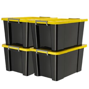 broview v12 16gal heavy duty storage bins with latching lids, stackable plastic tough tote containers with handles for tools camping hunting sporting goods organizing (black base/yellow lid, 4pack)