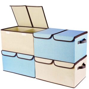 senbowe larger storage cubes [4-pack] 33 quart linen fabric foldable collapsible storage cube bin organizer basket with lid, handles, removable divider for home, closet - (16.5 x 11.8 x 9.8”)