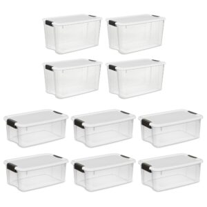 sterilite 4 sets of 70-quart & 6 sets of 18-quart heavy-duty stackable storage container tote, clear base w/white latch lid for home organization