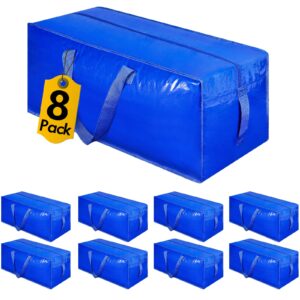 8-pack extra large moving bags, heavy duty storage bags w/strong handle & zippers, storage tote for space saving, alternative to moving boxes, bags for clothing dorm travel packing supplies (blue)