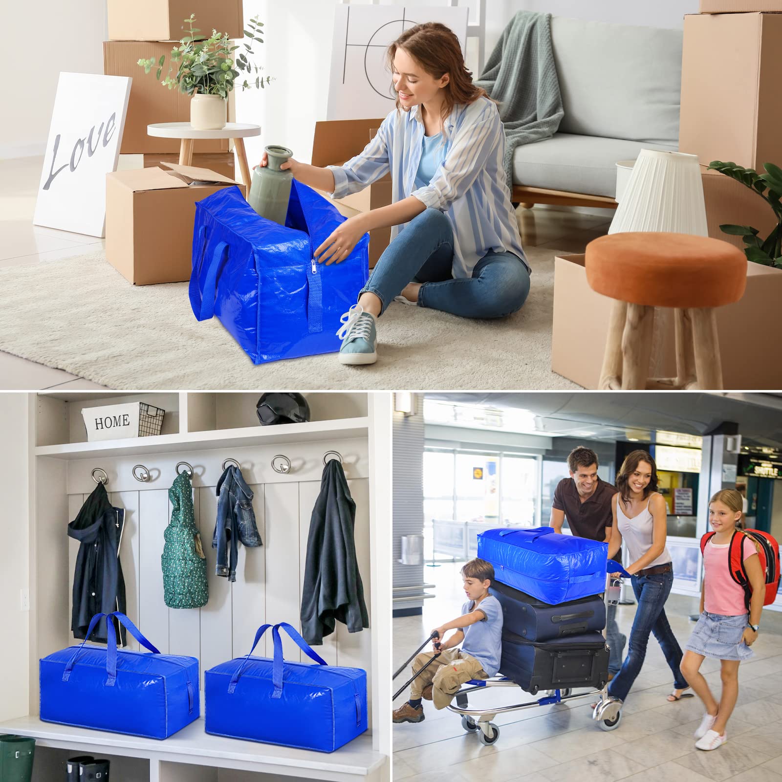 8-Pack Extra Large Moving Bags, Heavy Duty Storage Bags w/Strong Handle & Zippers, Storage Tote for Space Saving, Alternative to Moving Boxes, Bags for Clothing Dorm Travel Packing Supplies (Blue)