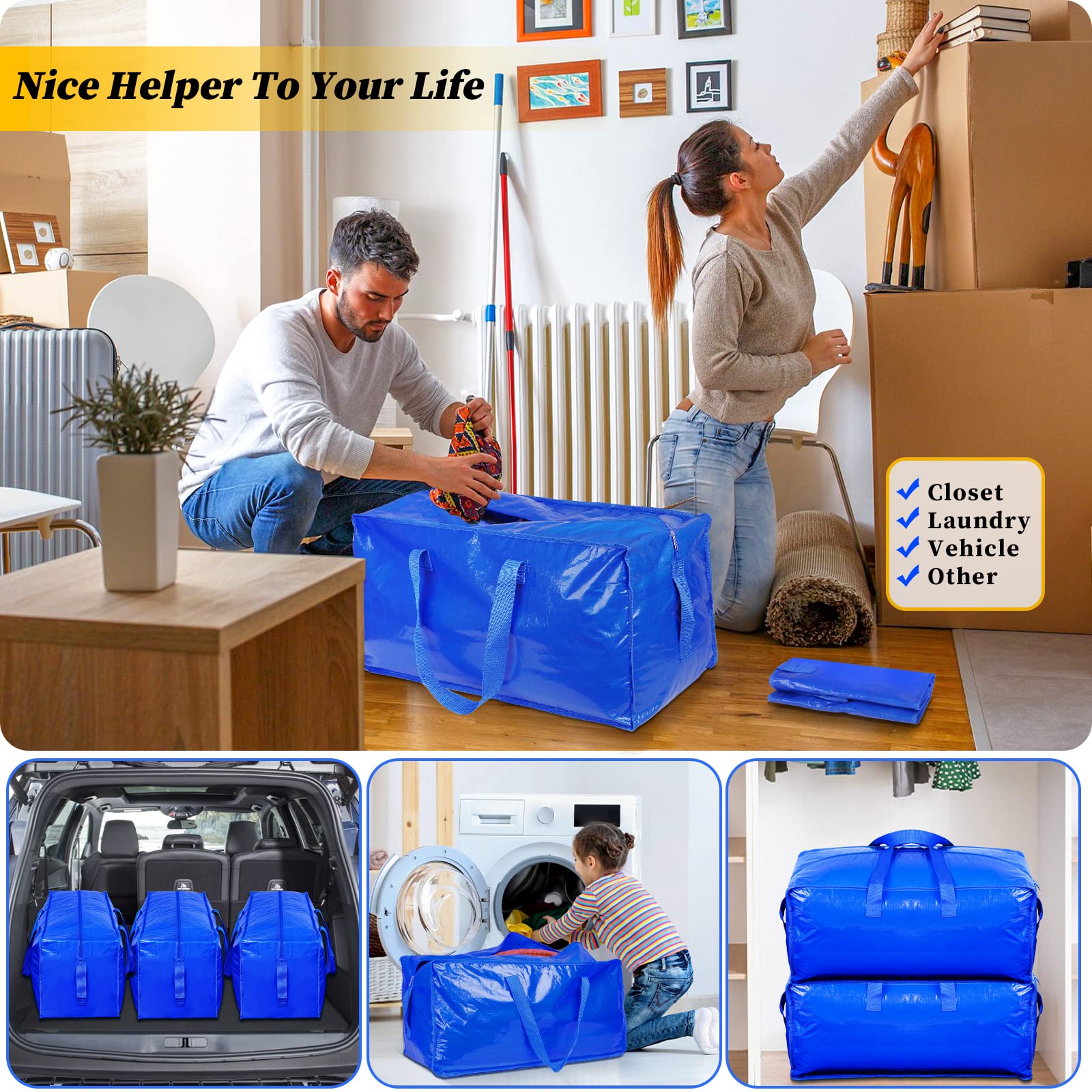 8-Pack Extra Large Moving Bags, Heavy Duty Storage Bags w/Strong Handle & Zippers, Storage Tote for Space Saving, Alternative to Moving Boxes, Bags for Clothing Dorm Travel Packing Supplies (Blue)