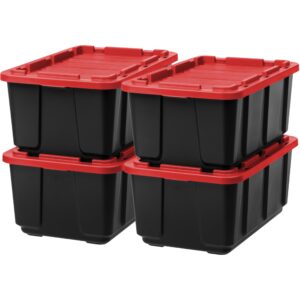 iris usa 27 gallon large heavy duty storage bins with lids, 4 pack - made in usa, snap on lid stackable industrial tough totes, rugged tubs, garage organization, rugged reusable boxes - black/red