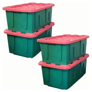 homz 27-gallon stackable plastic holiday storage container, heavy-duty nesting christmas storage bins with 4-way handles, green/red, 4 pack