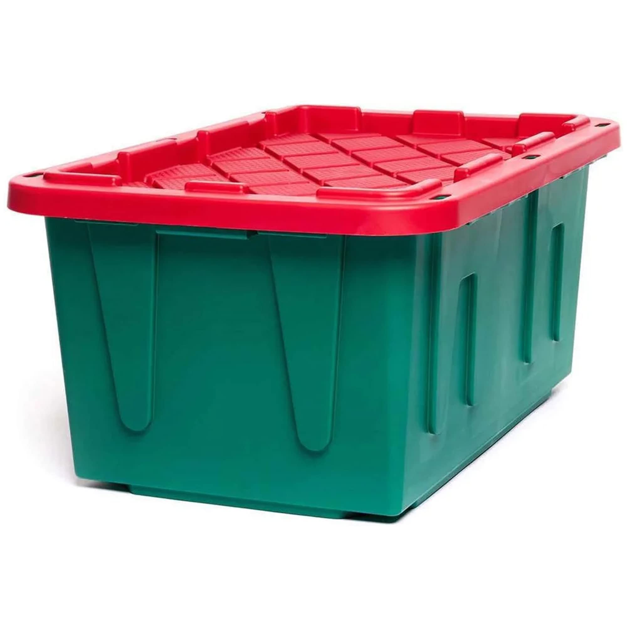 HOMZ 27-Gallon Stackable Plastic Holiday Storage Container, Heavy-Duty Nesting Christmas Storage Bins with 4-Way Handles, Green/Red, 4 Pack