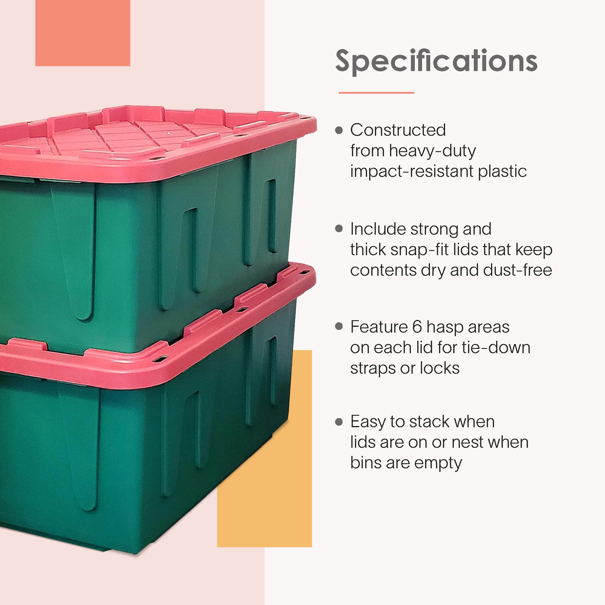 HOMZ 27-Gallon Stackable Plastic Holiday Storage Container, Heavy-Duty Nesting Christmas Storage Bins with 4-Way Handles, Green/Red, 4 Pack