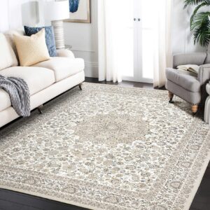 Area Rug Living Room Rugs: 9x12 Large Machine Washable Non Slip Thin Carpet Soft Indoor Luxury Floral Stain Resistant Carpets for Under Dining Table Farmhouse Bedroom Nursery Home Office Beige